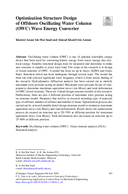 (PDF) Optimization Structure Design of Offshore Oscillating Water Column (OWC) Wave Energy Converter