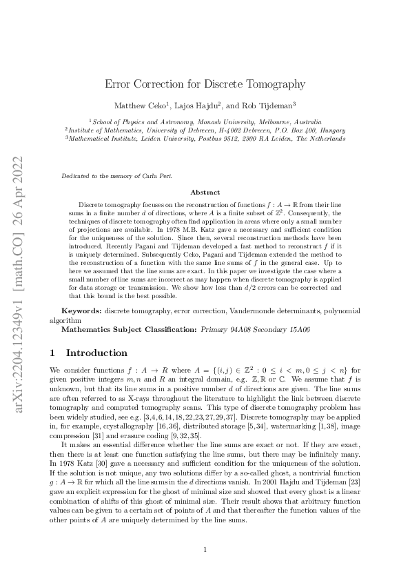 (PDF) Error Correction for Discrete Tomography | Robert Tijdeman ...