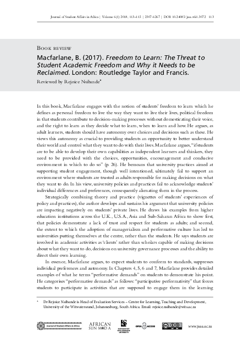 (PDF) Book Review: Freedom to Learn: The Threat to Student Academic ...