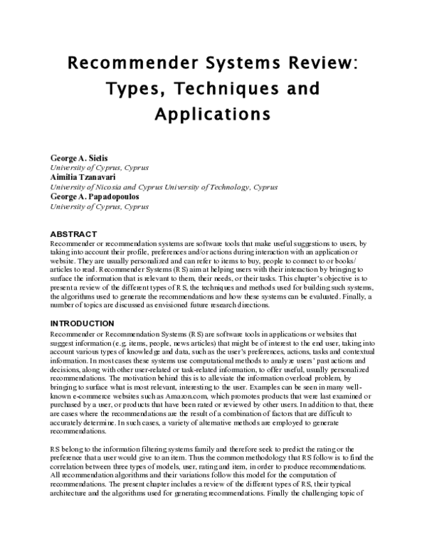 (PDF) Recommender Systems Review of Types, Techniques, and Applications