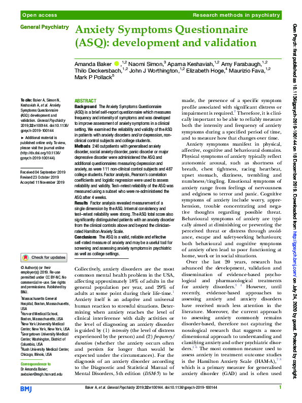 (PDF) Anxiety Symptoms Questionnaire (ASQ): development and validation