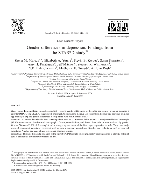 (PDF) Gender differences in depression: Findings from the STAR*D study