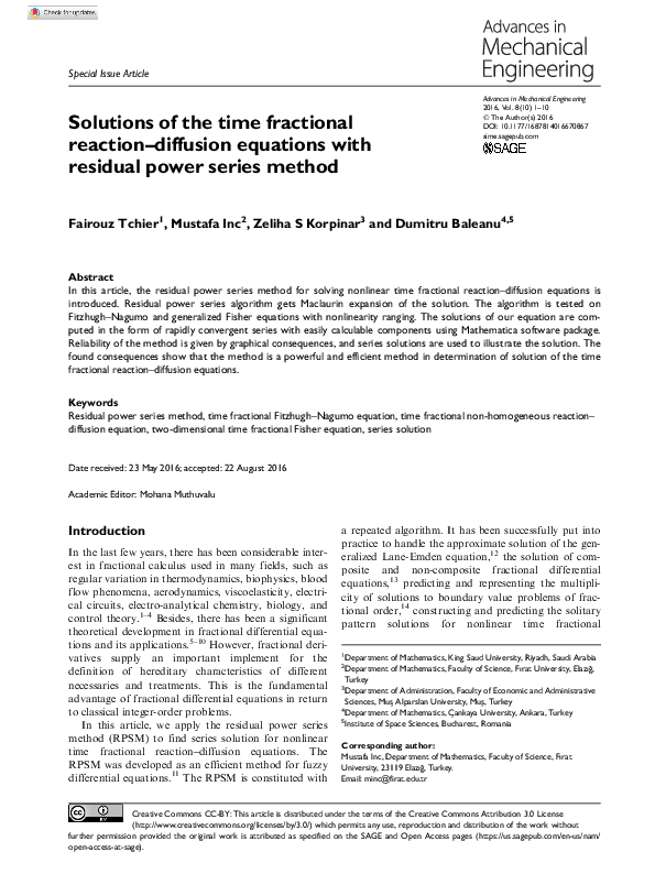 (PDF) Solutions of the time fractional reaction–diffusion equations with residual power series ...
