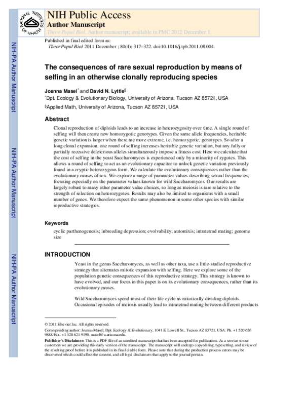 (PDF) The consequences of rare sexual reproduction by means of selfing ...