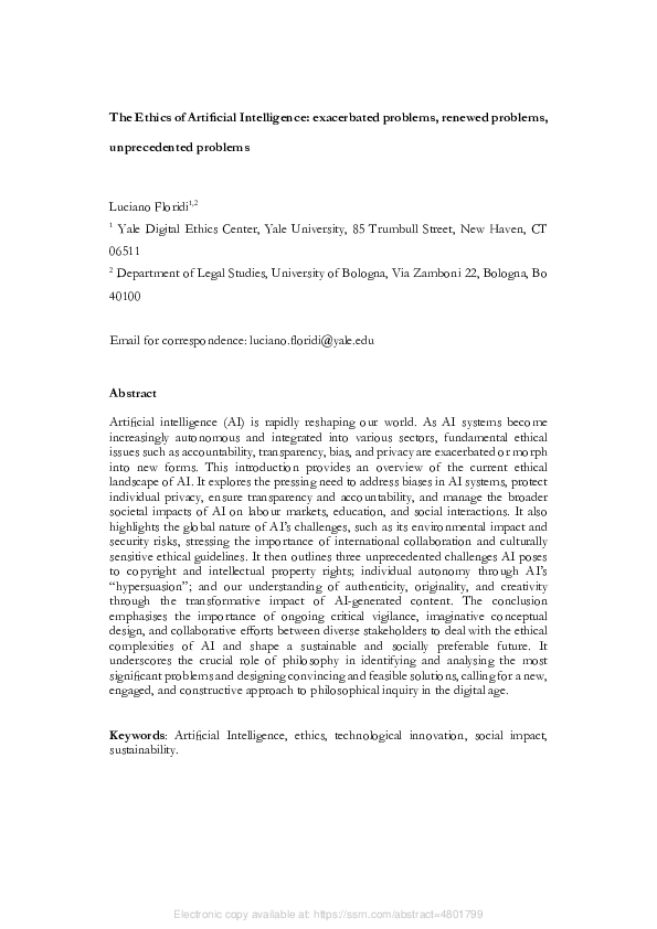 (PDF) The Ethics of Artificial Intelligence: exacerbated problems, renewed problems ...
