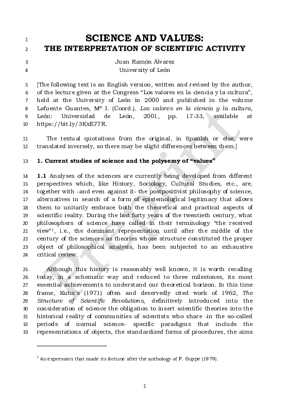 (PDF) SCIENCE AND VALUES. Interpreting scientific activity