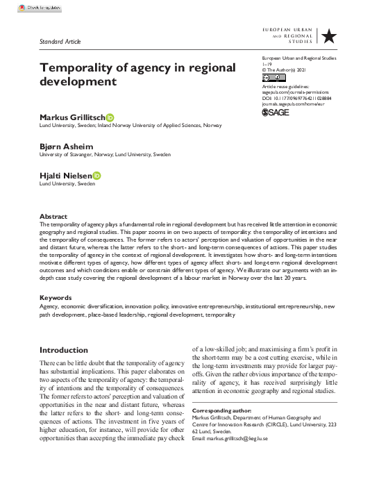 (PDF) Temporality of agency in regional development