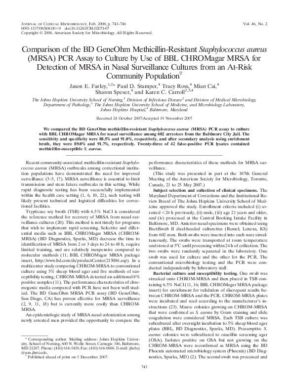 (PDF) Comparison of the BD GeneOhm Methicillin-Resistant Staphylococcus ...