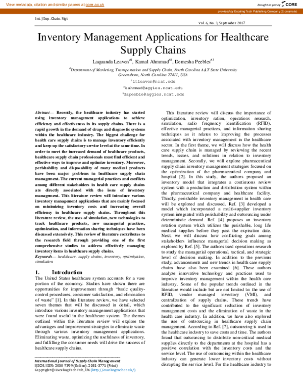 (PDF) Inventory Management Applications for Healthcare Supply Chains