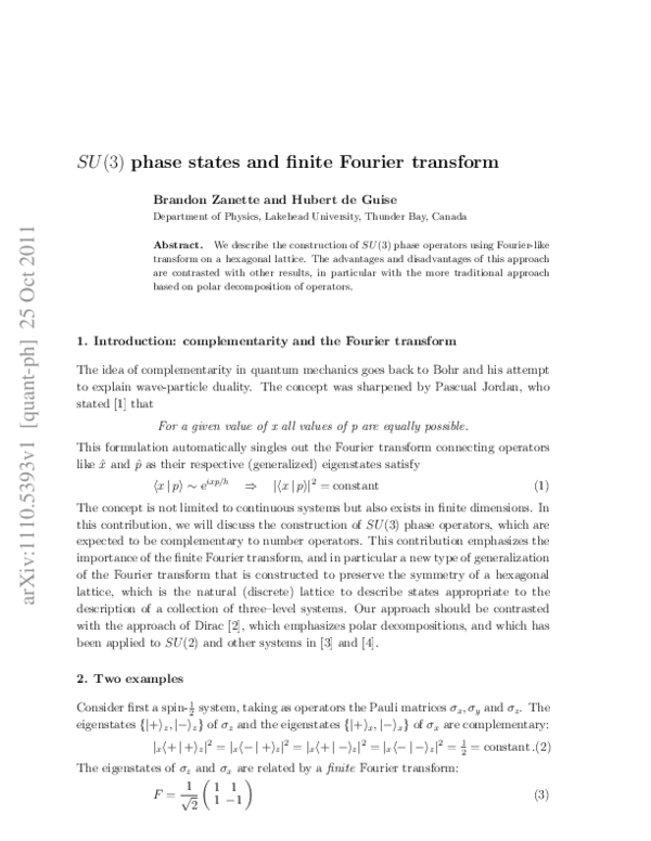 (PDF) SU(3) phase states and finite Fourier transform