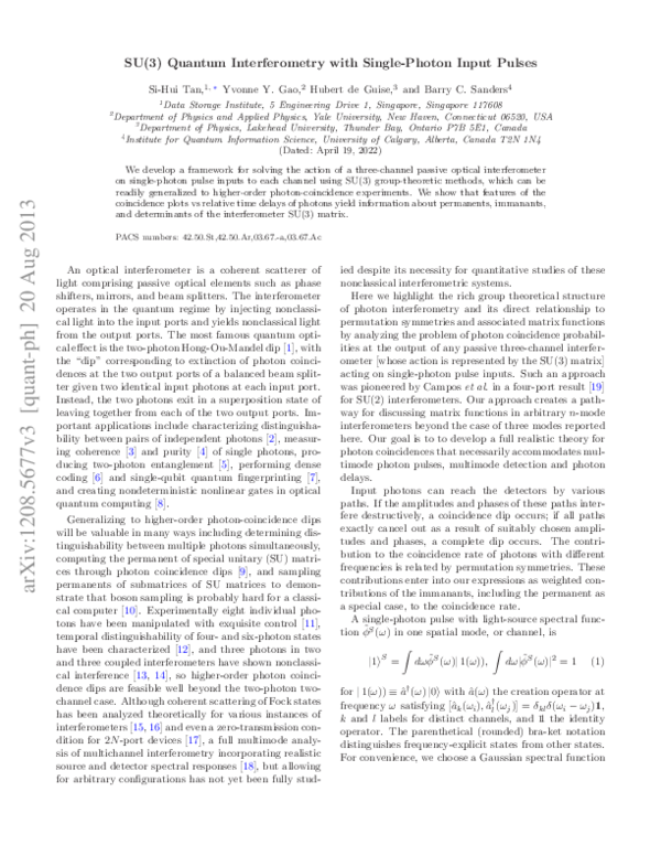 (PDF) SU(3) Quantum Interferometry with Single-Photon Input Pulses | Hubert de Guise - Academia.edu