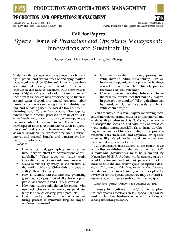 (PDF) Special Issue ofProduction and Operations Management:The Theory ...