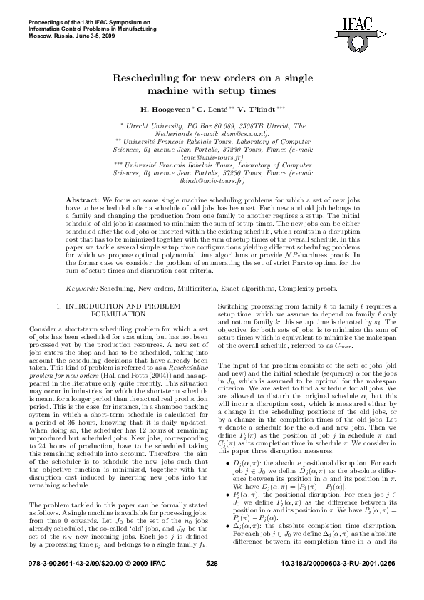 Pdf Rescheduling For New Orders On A Single Machine With Rejection