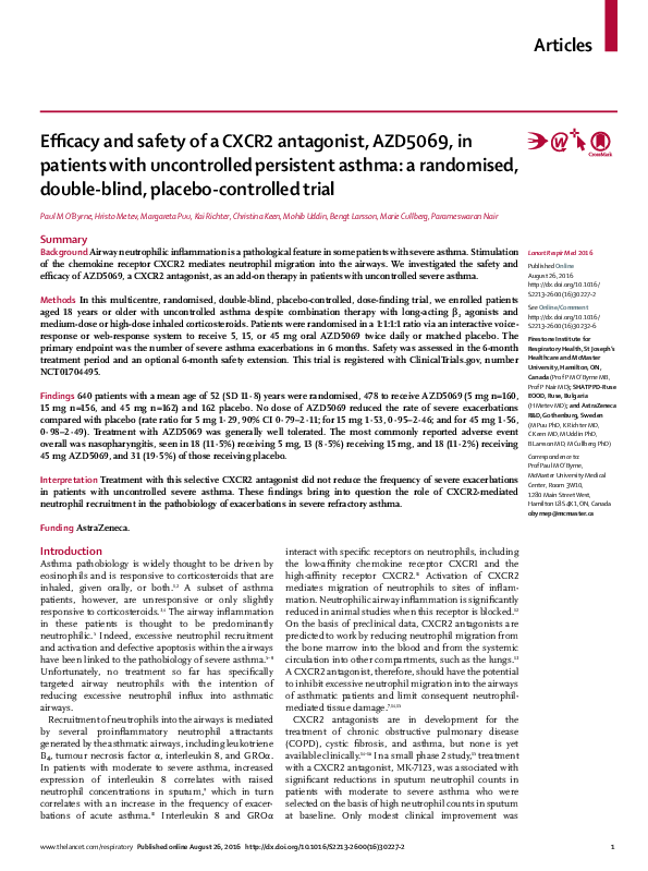 (PDF) Efficacy and safety of a CXCR2 antagonist, AZD5069, in patients ...