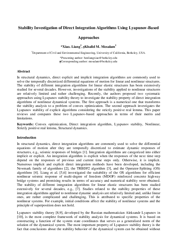 (PDF) Stability Investigation of Direct Integration Algorithms Using Lyapunov-Based Approaches ...