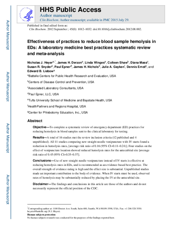 (PDF) Effectiveness of practices to reduce blood sample hemolysis in ...