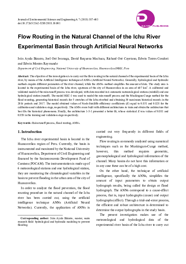 (PDF) Flow Routing in the Natural Channel of the Ichu River Experimental Basin through ...