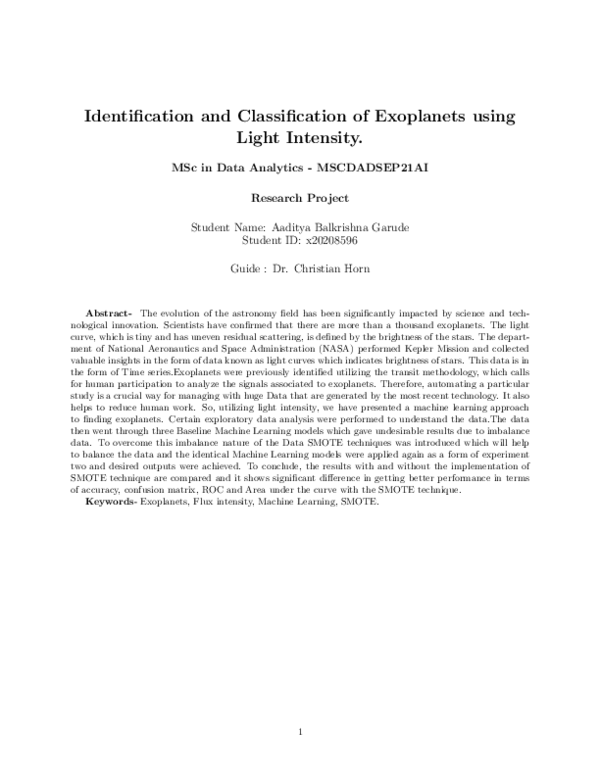 (PDF) Identification and Classification of Exoplanets using Light Intensity