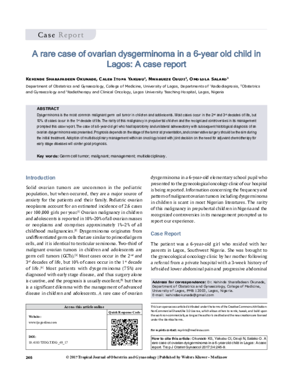 (PDF) A rare case of ovarian dysgerminoma in a 6-year old child in Lagos: A case report