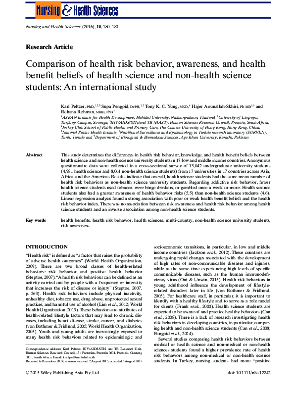 (PDF) Comparison of health risk behavior, awareness, and health benefit ...