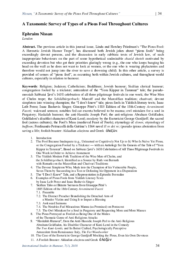 (PDF) A Taxonomic Survey of Types of a Pious Fool Throughout Cultures