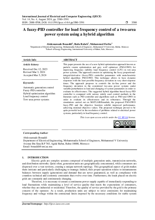 Pdf A Fuzzy Pid Controller For Load Frequency Control Of A Two Area Power System Using A