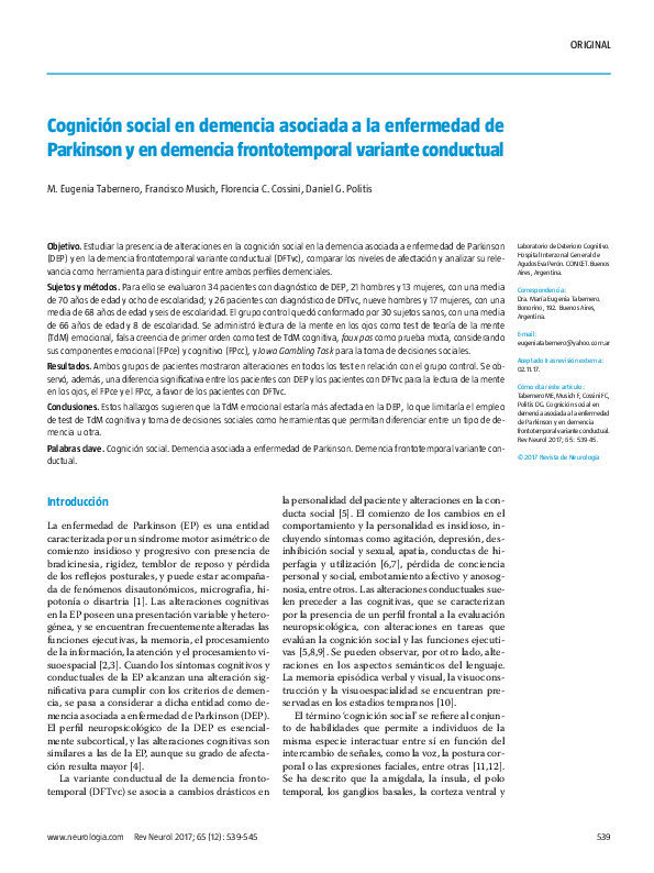 (PDF) Cognición social en demencia asociada a la enfermedad de ...