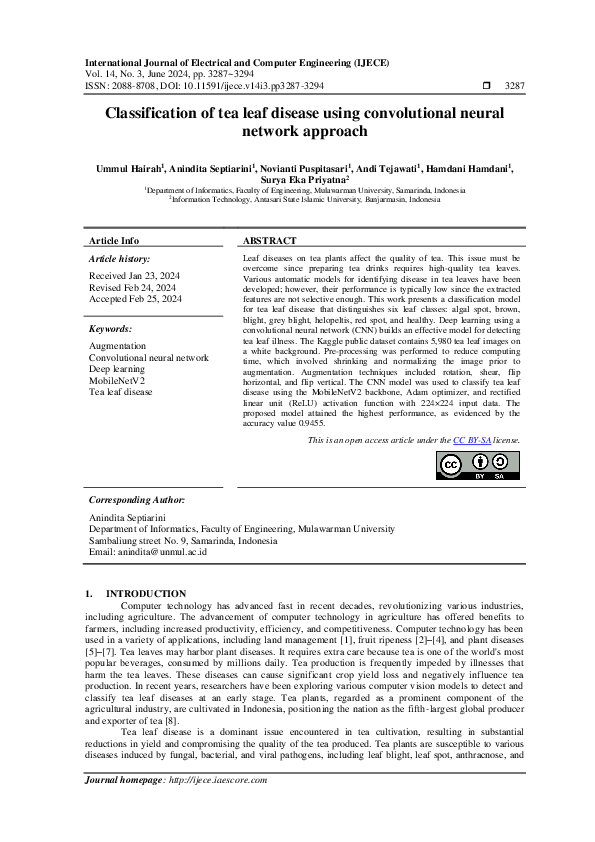 Pdf Classification Of Tea Leaf Disease Using Convolutional Neural Network Approach