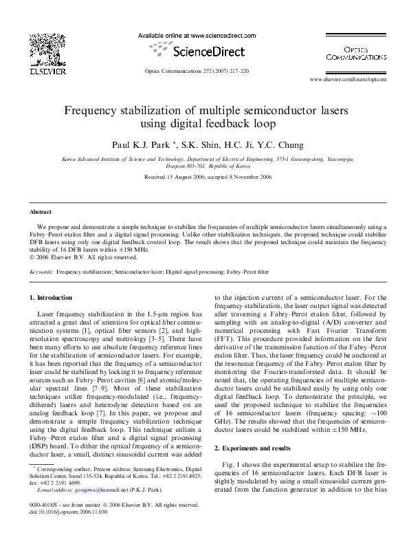 (PDF) Frequency stabilization of multiple semiconductor lasers using digital feedback loop