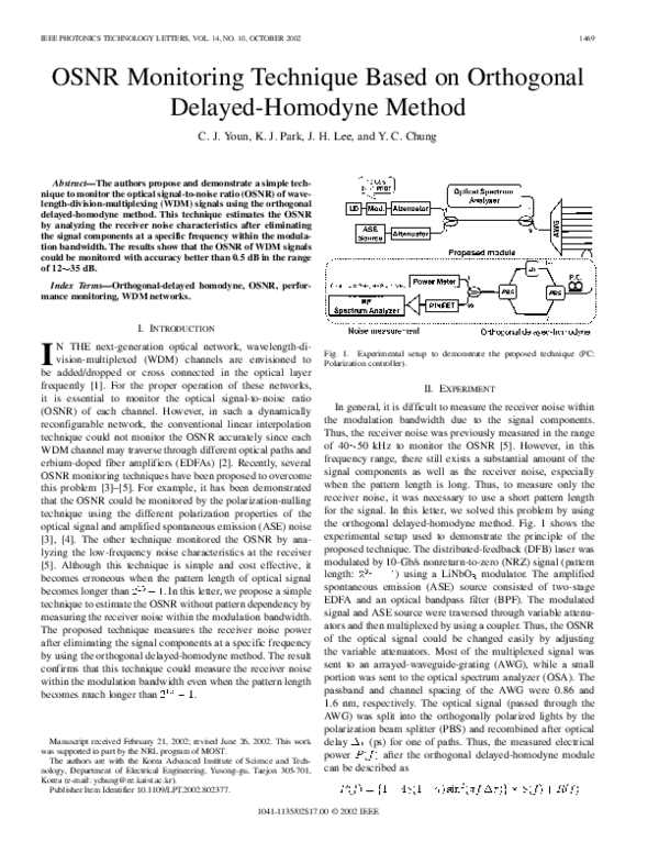 (PDF) OSNR monitoring technique based on orthogonal delayed-homodyne method