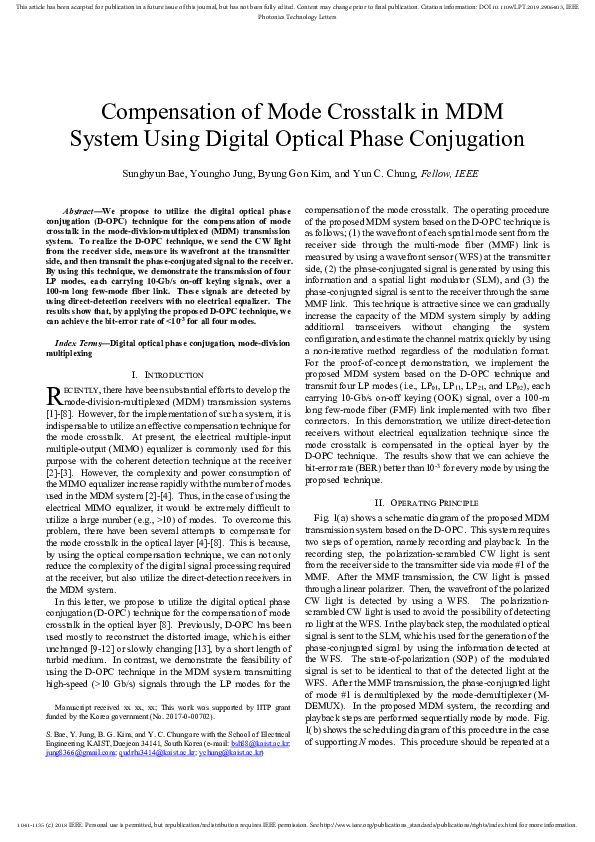 (PDF) Compensation of Mode Crosstalk in MDM System Using Digital Optical Phase Conjugation