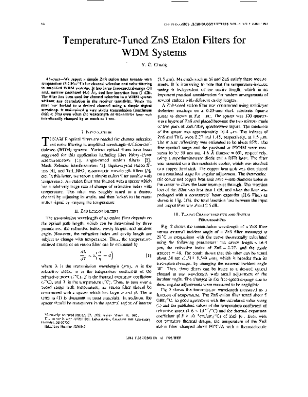 (PDF) Temperature-tuned ZnS etalon filters for WDM systems
