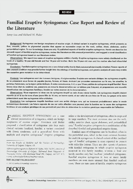 (PDF) Familial eruptive syringomas: case report and review of the ...