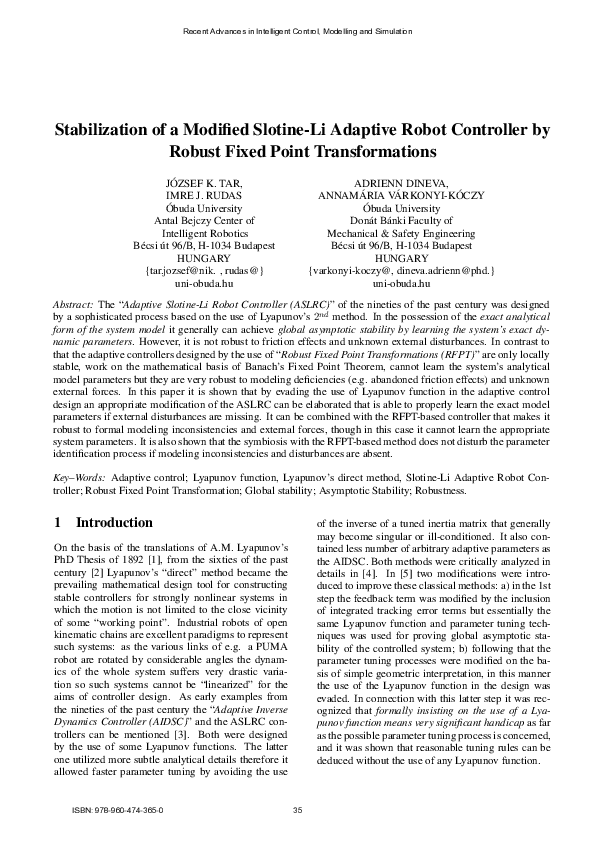 (PDF) Stabilization of a Modified Slotine-Li Adaptive Robot Controller by Robust Fixed Point ...