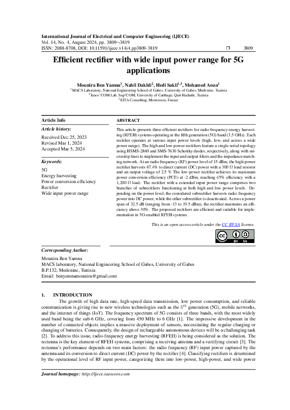 (PDF) Efficient rectifier with wide input power range for 5G applications