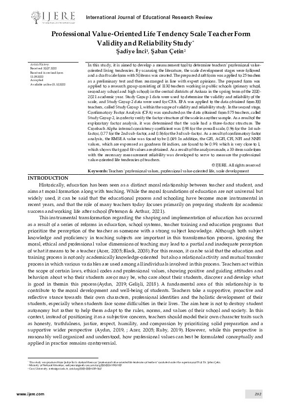 (PDF) Professional Value-Oriented Life Tendency Scale Teacher Form Validity and Reliability Study