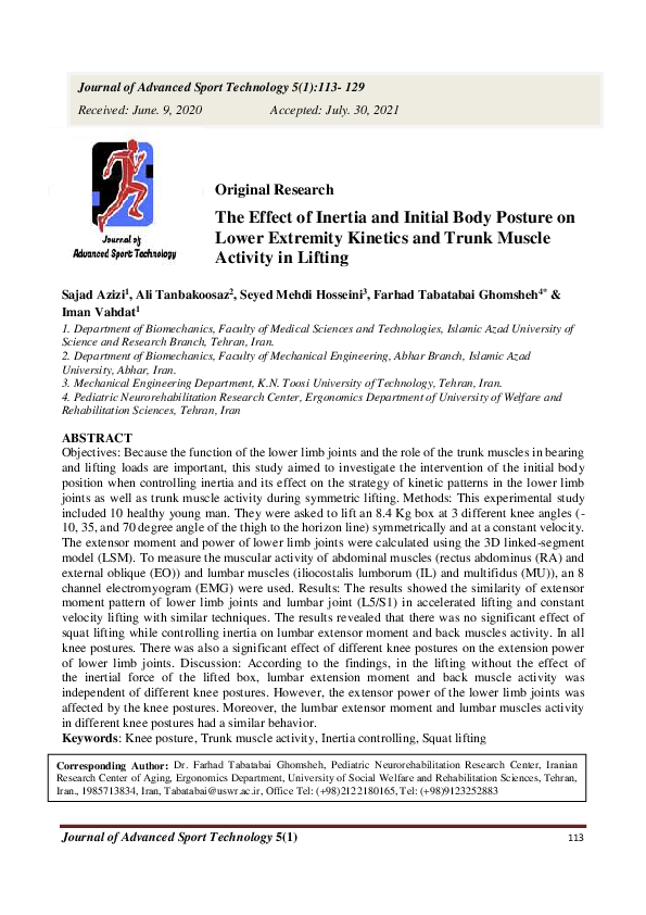(PDF) The Effect of Inertia and Initial Body Posture on Lower Extremity Kinetics and Trunk ...