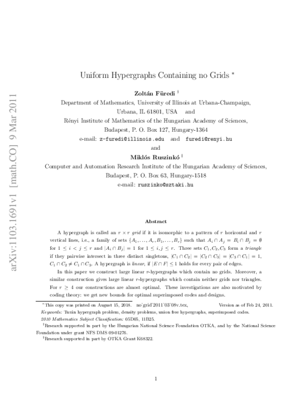 (PDF) Uniform hypergraphs containing no grids
