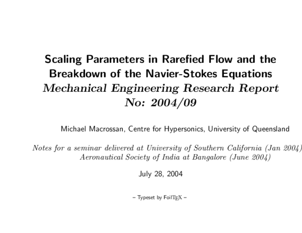 (PDF) Scaling Parameters In Rarefied Flow And the Breakdown Of The Navier-Stokes Equations