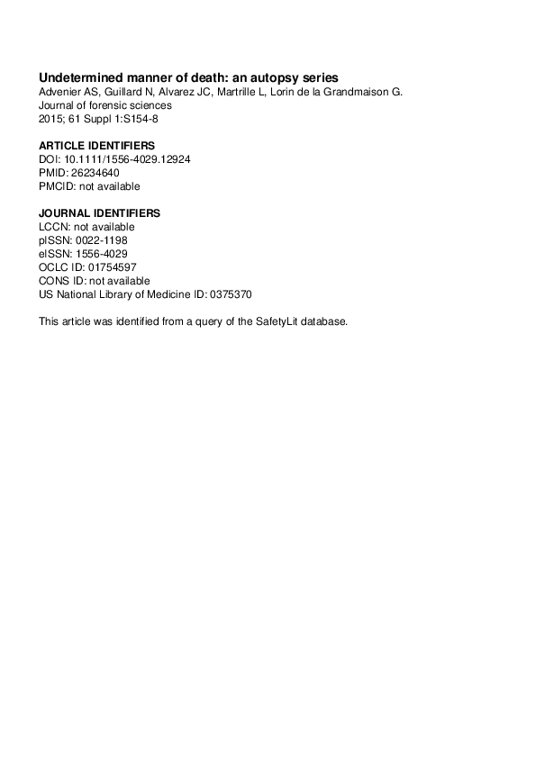 (PDF) Undetermined Manner of Death: An Autopsy Series