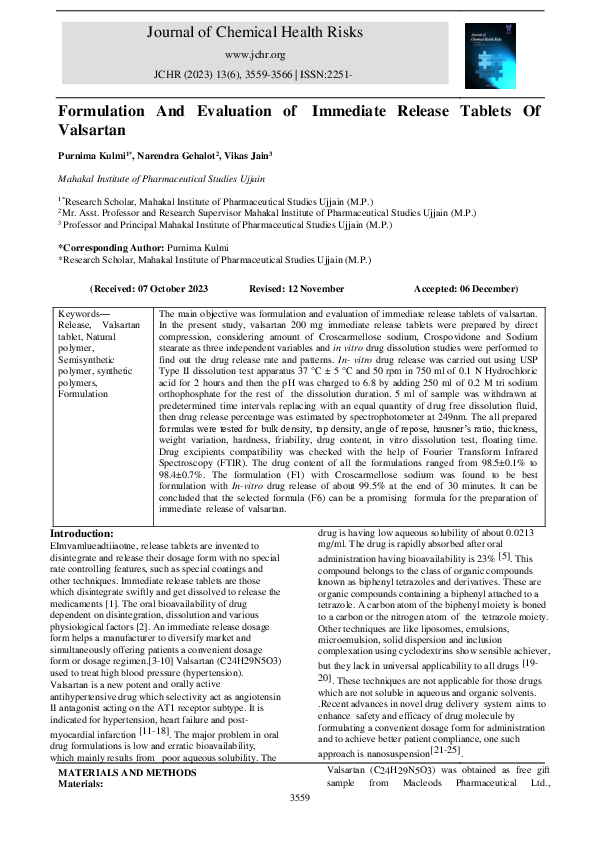 (PDF) Formulation And Evaluation of Immediate Release Tablets Of Valsartan