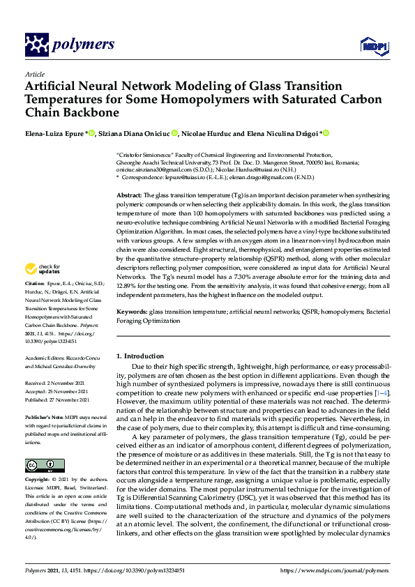 (PDF) Artificial Neural Network Modeling of Glass Transition Temperatures for Some Homopolymers ...