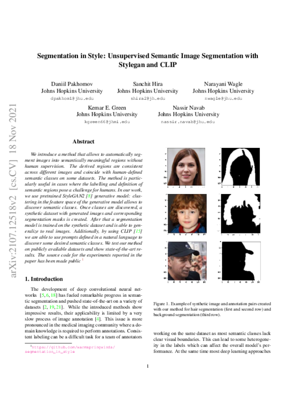 (PDF) Segmentation in Style: Unsupervised Semantic Image Segmentation with Stylegan and CLIP ...