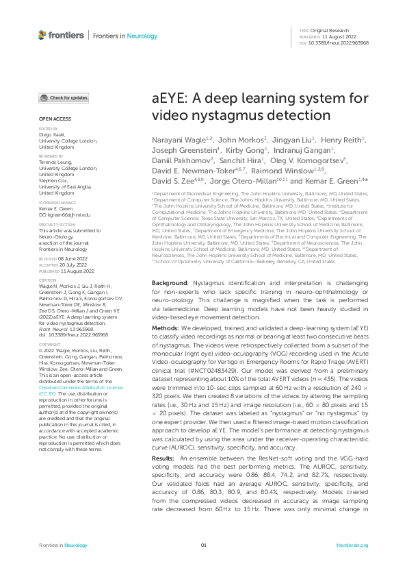 (PDF) aEYE: A deep learning system for video nystagmus detection