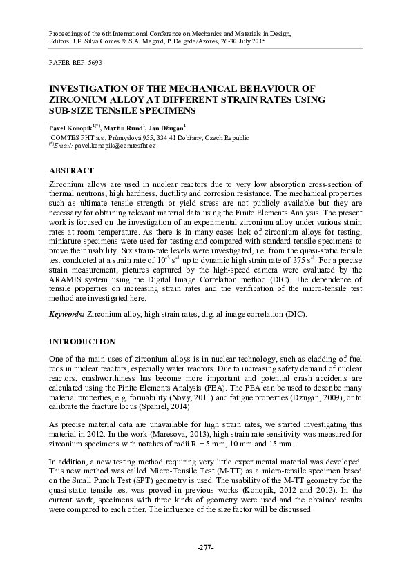 (PDF) Investigation of the Mechanical Behaviour of Zirconium Alloy at ...