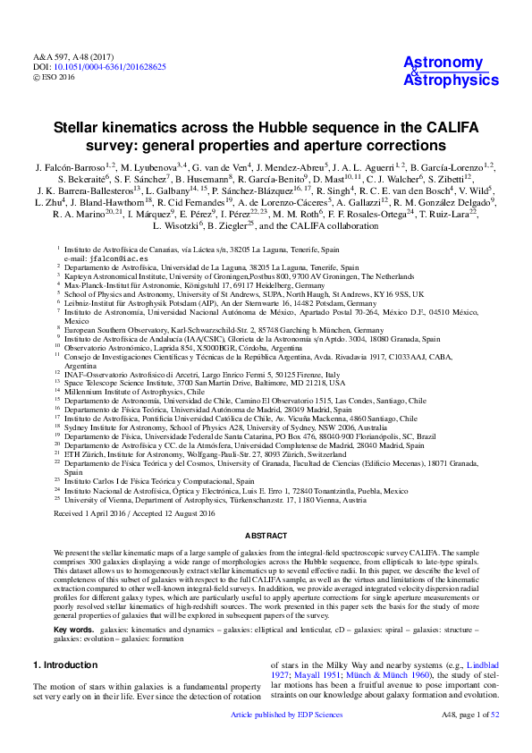 (PDF) Stellar kinematics across the Hubble sequence in the CALIFA survey: general properties and ...