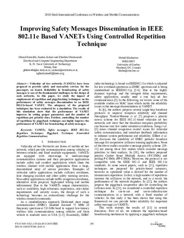 (PDF) Improving Safety Messages Dissemination in IEEE 802.11e Based VANETs Using Controlled ...