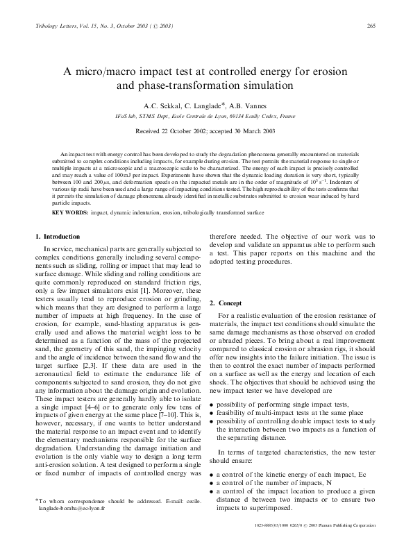 (PDF) A Micro/Macro Impact Test at Controlled Energy for Erosion and ...