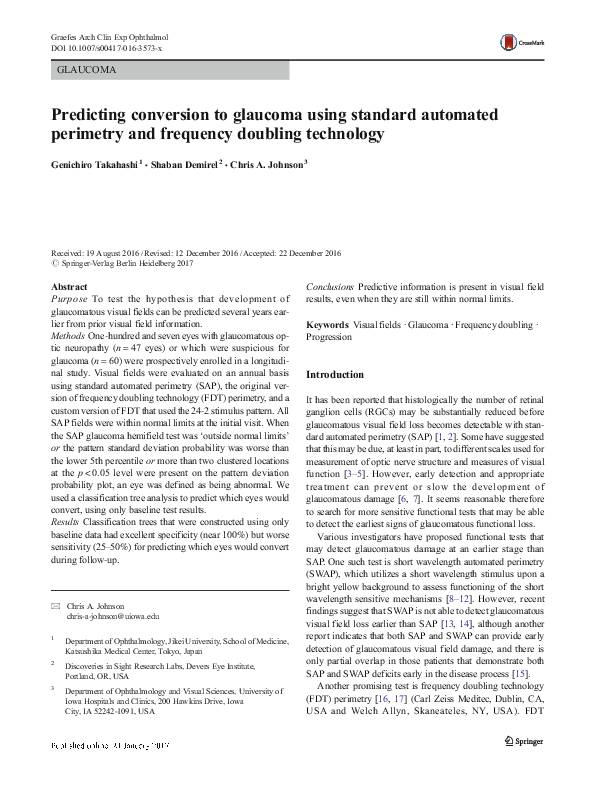 (PDF) Predicting conversion to glaucoma using standard automated perimetry and frequency ...