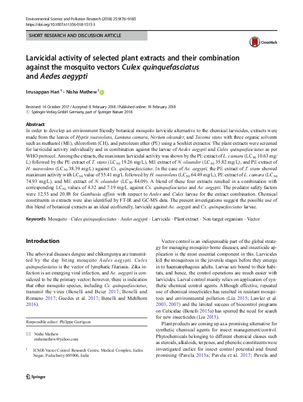 (PDF) Larvicidal activity of selected plant extracts and their combination against the mosquito ...